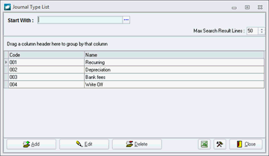 Journal Entry Type Codes Table Setup